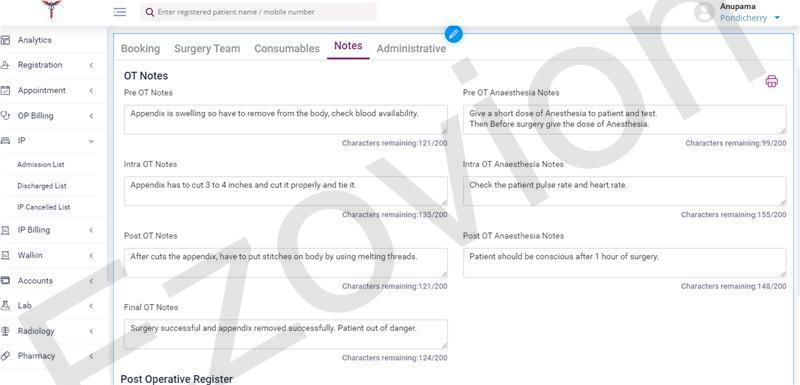 Best Operation Theatre Management System | Ezovion