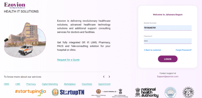 Hospital Management System by Ezovion - Login page